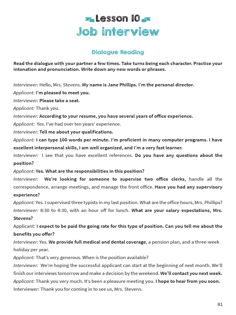 Sample Job Interview Dialogue | PDF | Chef | South Korea