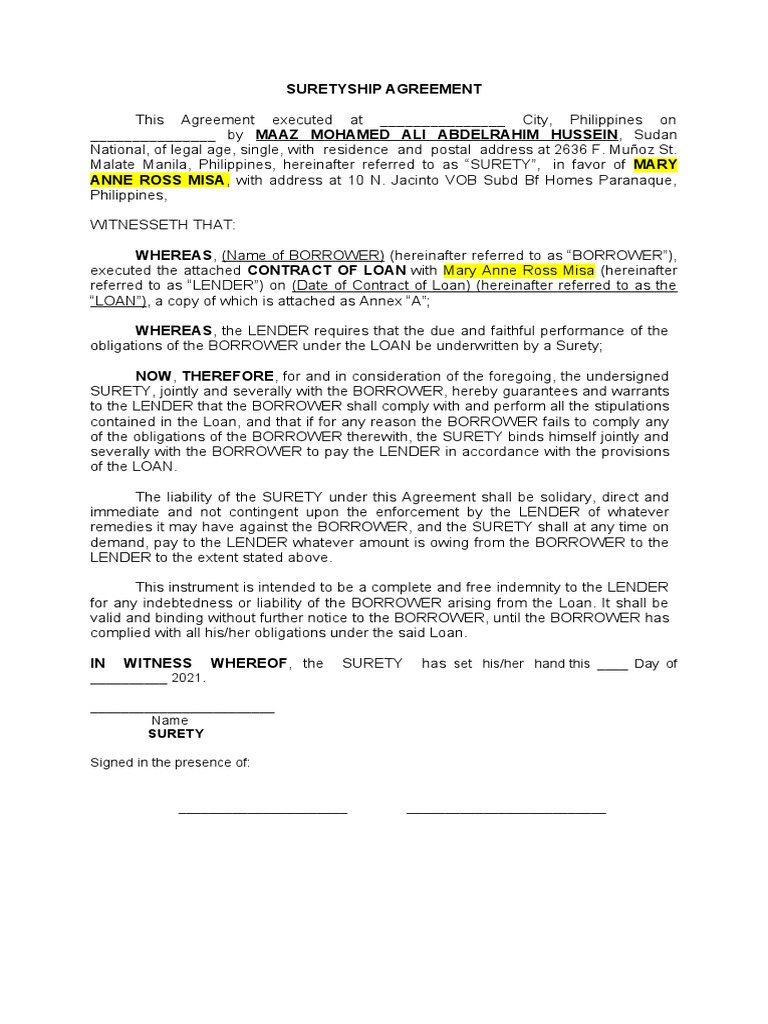 Set His/her Hand This - Day of - 2021. - Name Surety Signed in The ...