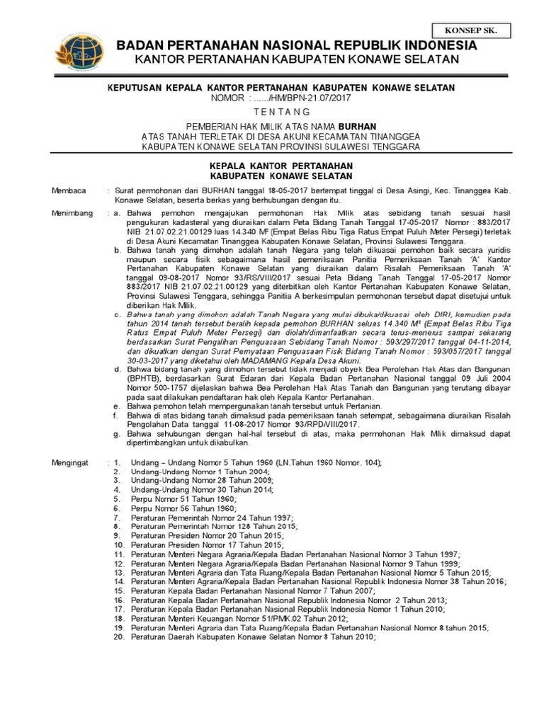 SK Pemberian Hak Atas Tanah | PDF