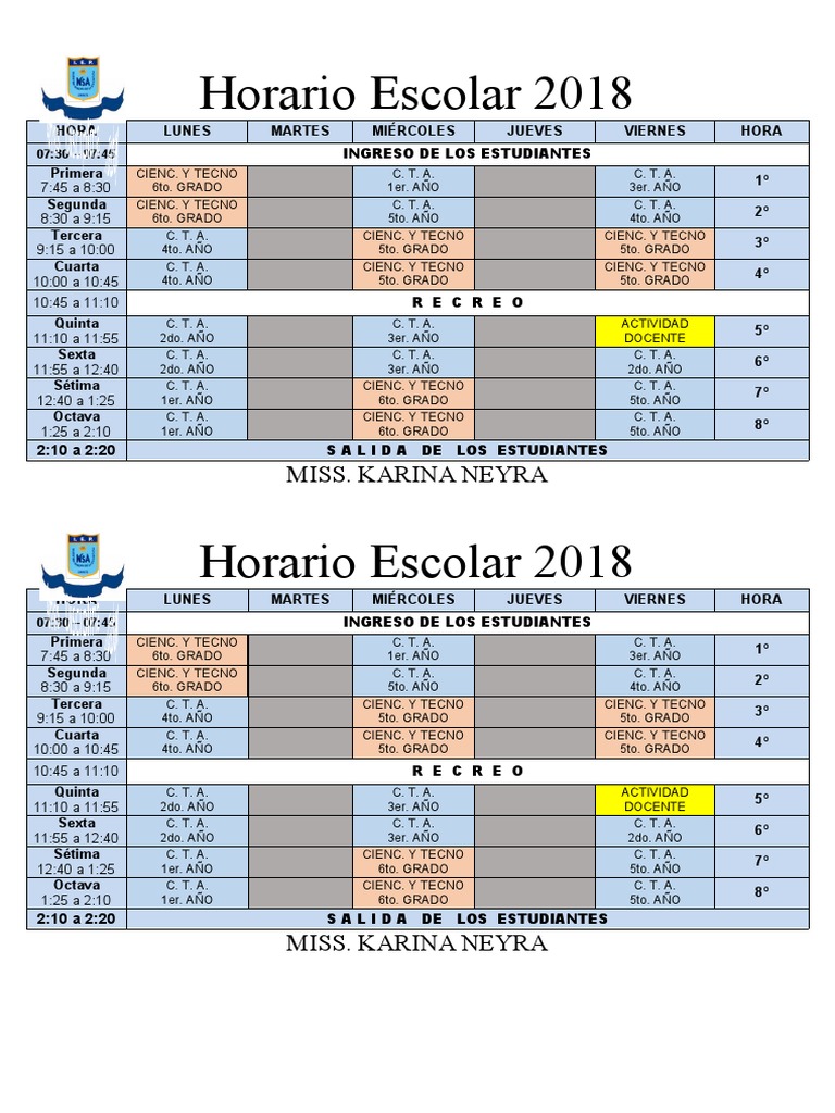 Horario Escolar 2018 Miss Karina | PDF