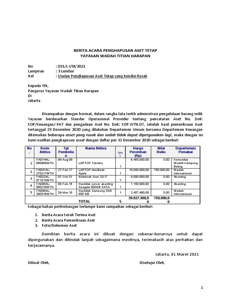 Berita Acara Penghapusan Aset Tetap (Rusak) | PDF
