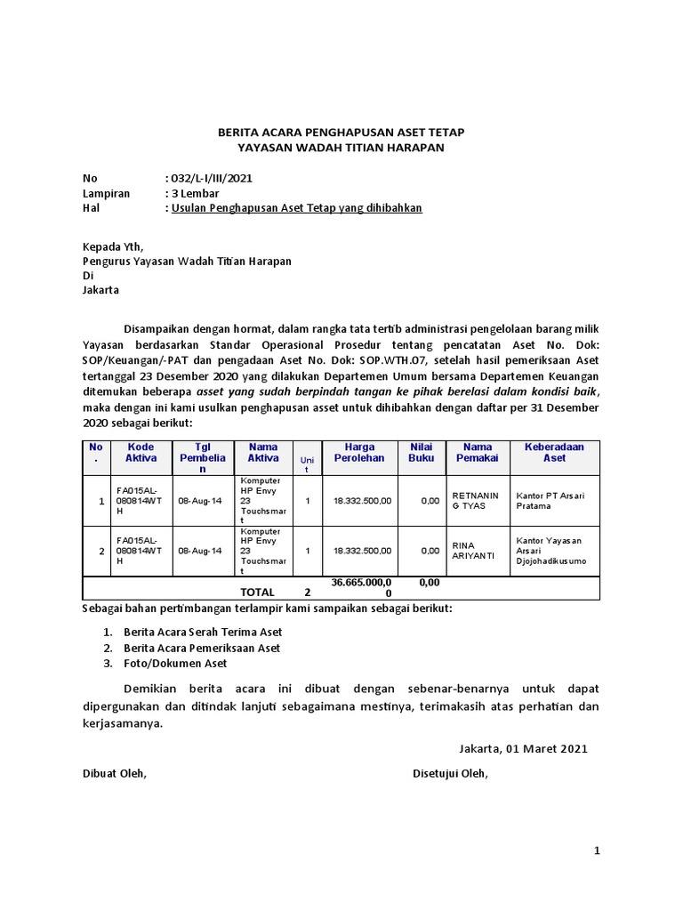 Berita Acara Penghapusan Aset Tetap (Dihibahkan) | PDF