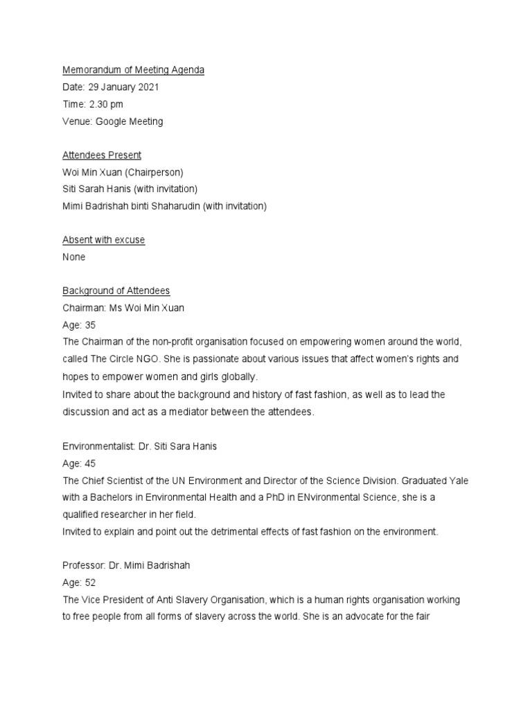 Memorandum of Meeting Agenda V10 Fast Fashion | PDF