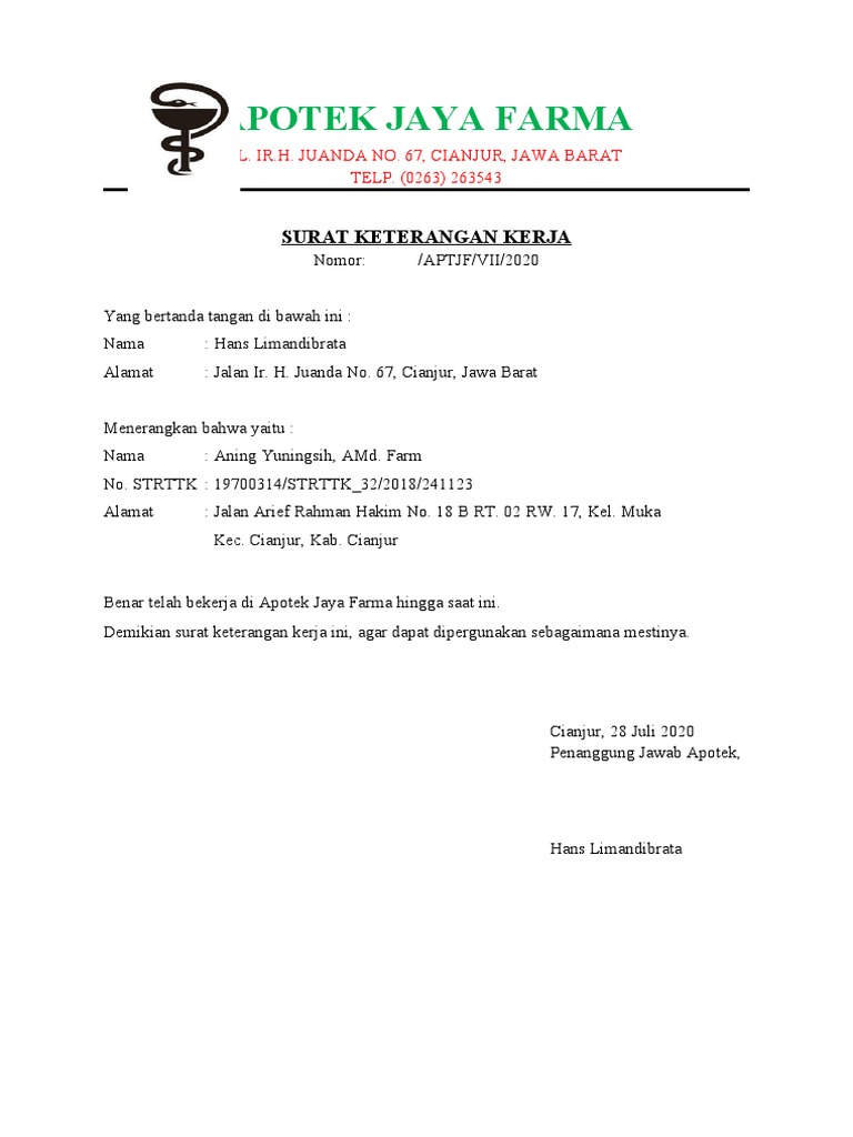Surat Keterangan Apotek Jaya Farma Pdf