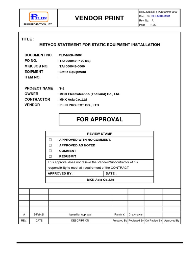 Static Equipment Installation Method Statement | PDF | Crane (Machine ...
