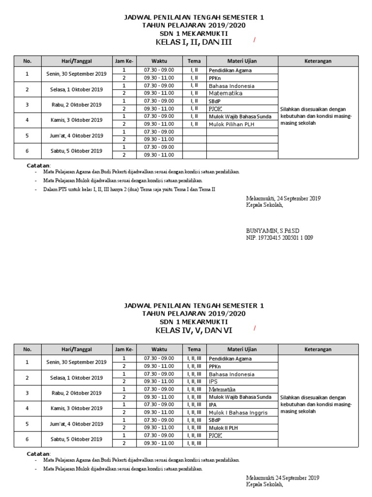 Contoh Jadwal PTS SD Semester 1 | PDF