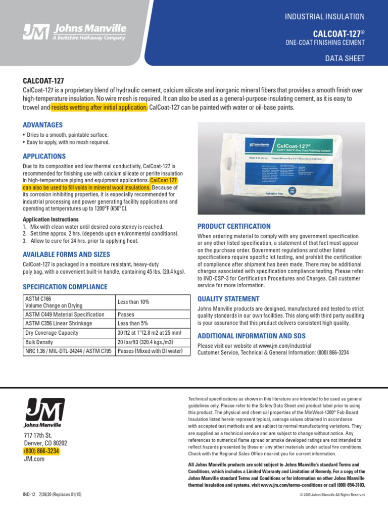 JM - CalCoat 127 - Data Sheet | PDF | Thermal Insulation | Cement