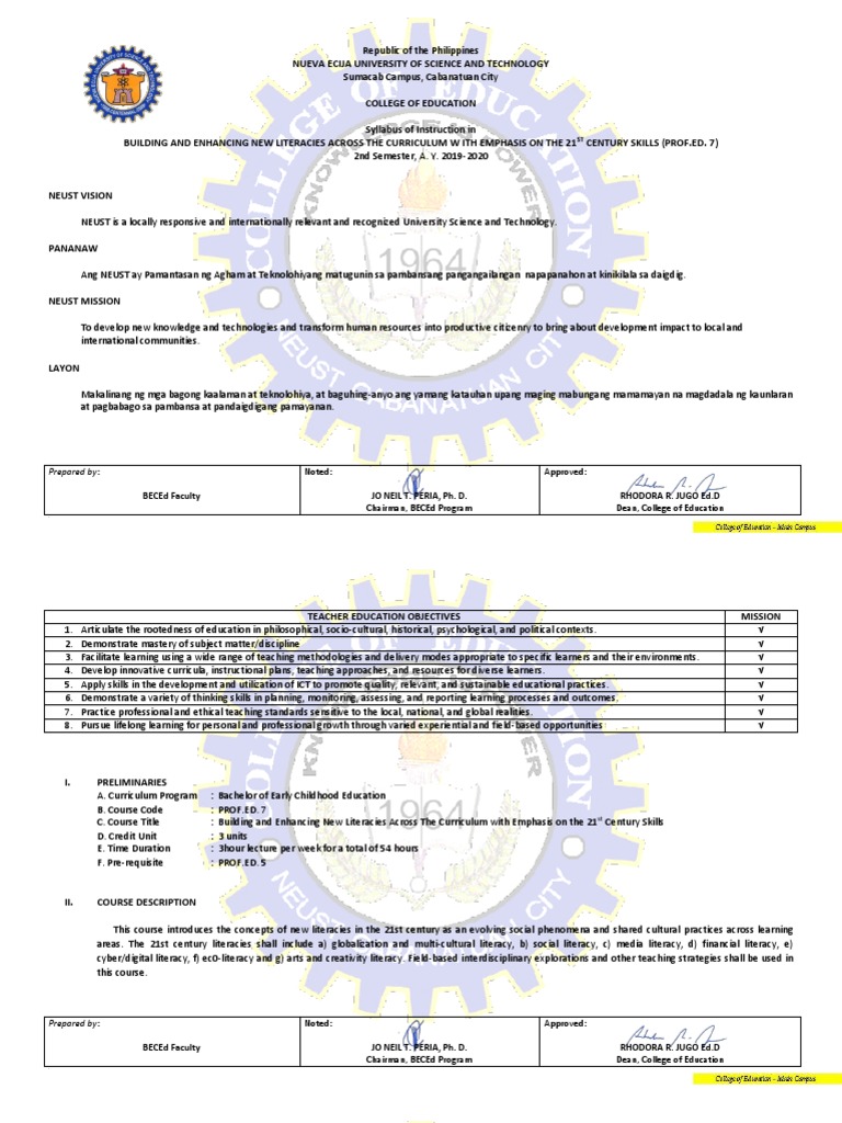 NEUST BECEd Course Syllabus Overview | PDF | Literacy | Cyberspace