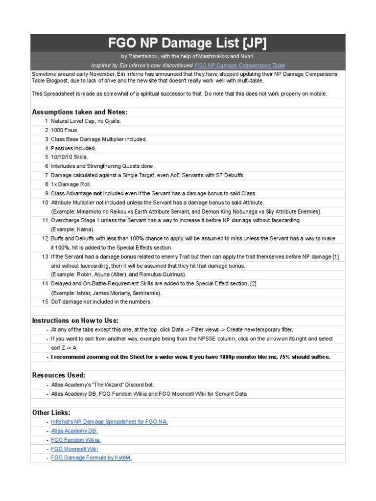FGO JP NP Damage Spreadsheet | PDF
