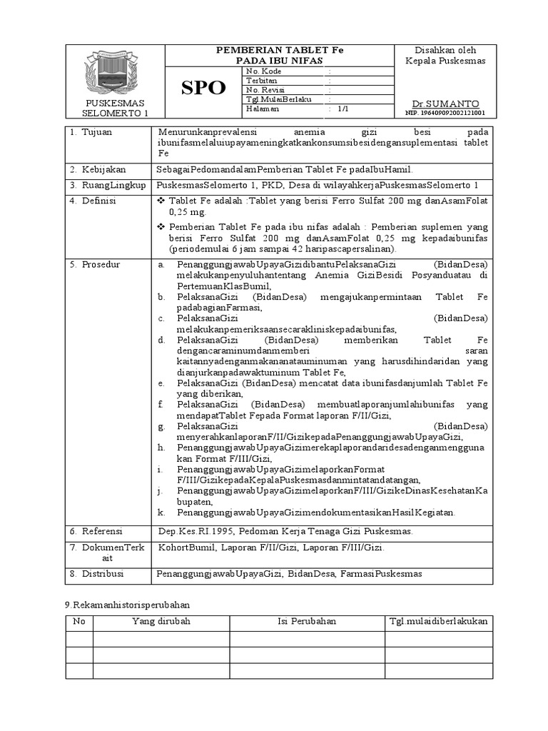 SOP Pemberian Tablet Fe Pada Ibu Nifas | PDF