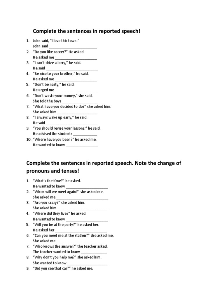 Direct and Indirect Speech Exercise | PDF | Syntax | Grammar