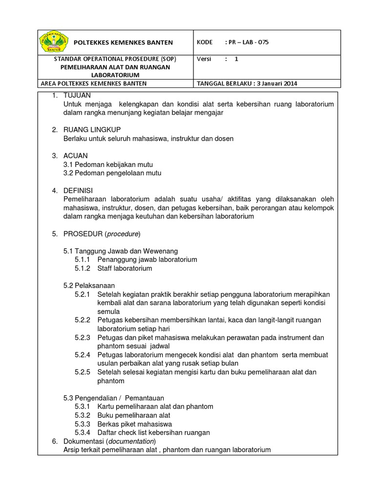 Sop Pemeliharaan Alat Dan Ruang Lab | PDF