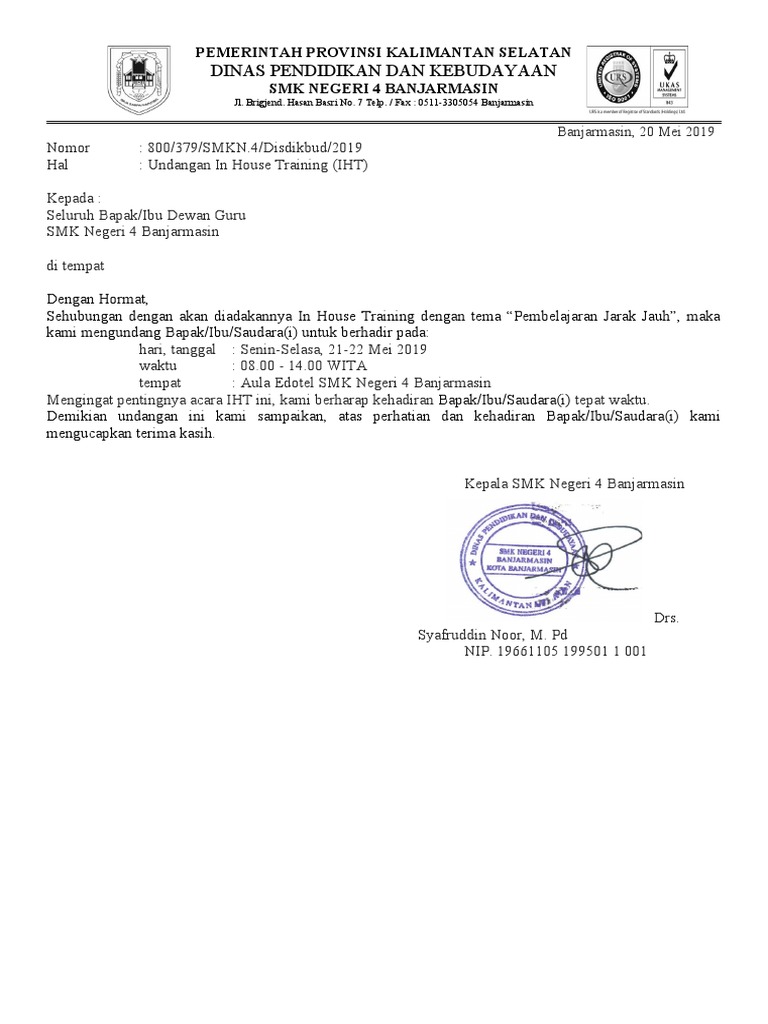 Undangan In House Training Pembelajaran Jarak Jauh | PDF