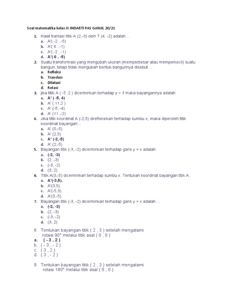 Soal Matematika Kelas IX INDARTI PAS GANJIL 20 | PDF