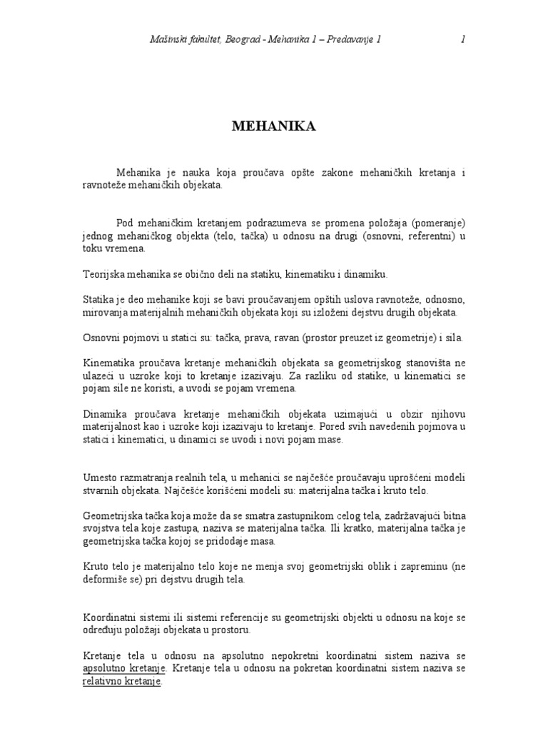 Mehanika 1-Predavanje1 | PDF