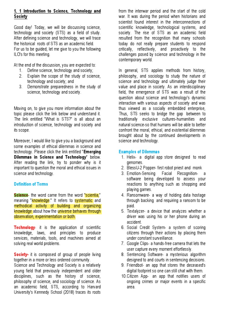 1 Introduction To Science, Technology and Society: Examples of Dilemmas ...