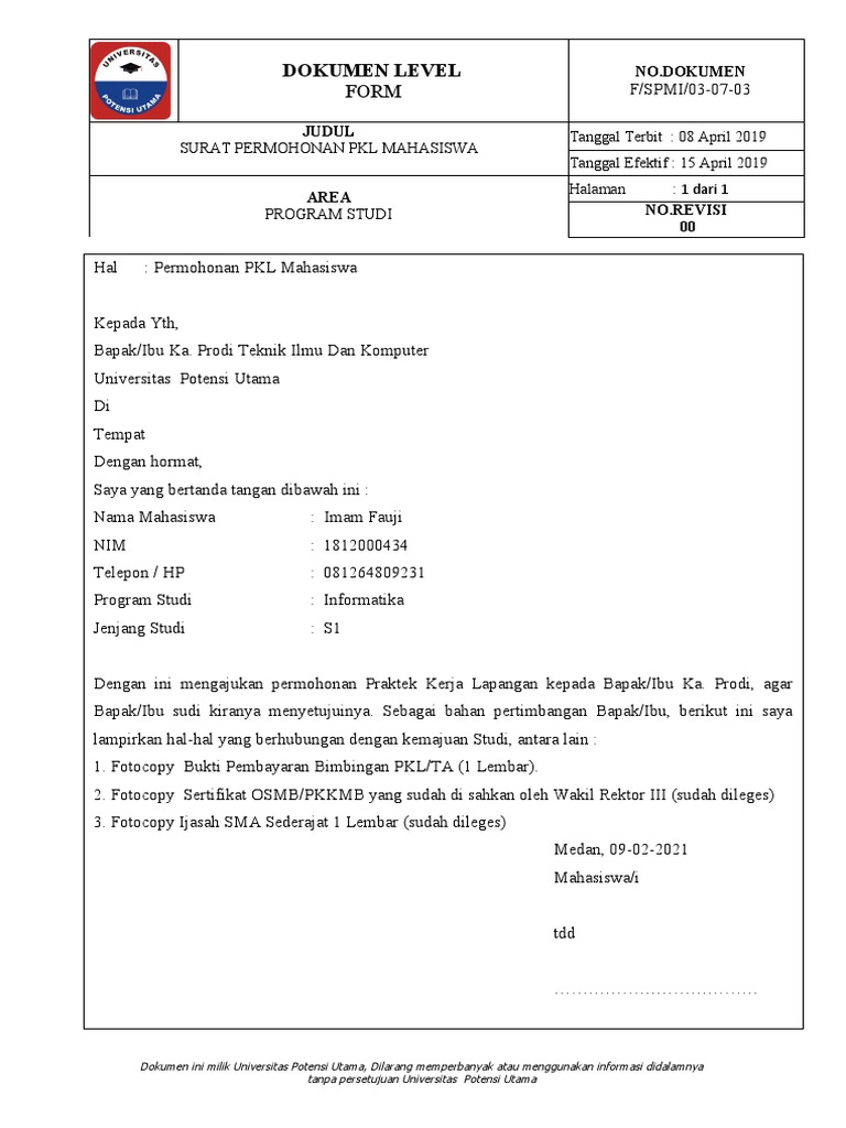 Permohonan PKL Mahasiswa | PDF