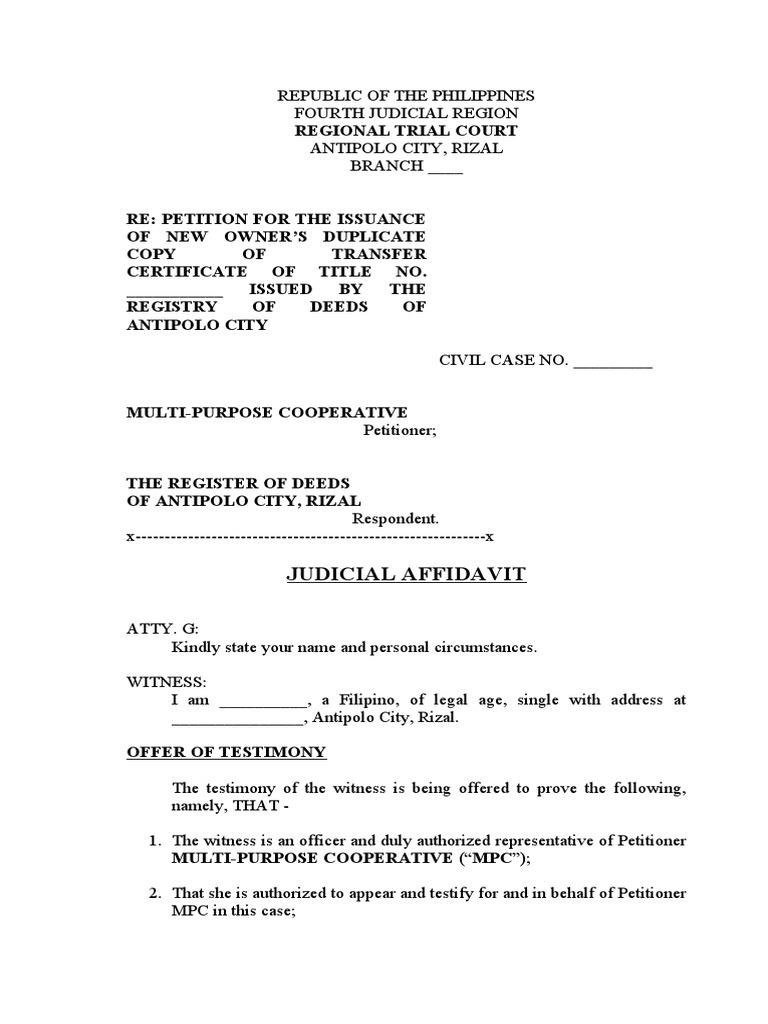 Sample Judicial Affidavit Reissuance SCRBD | PDF | Witness | Testimony