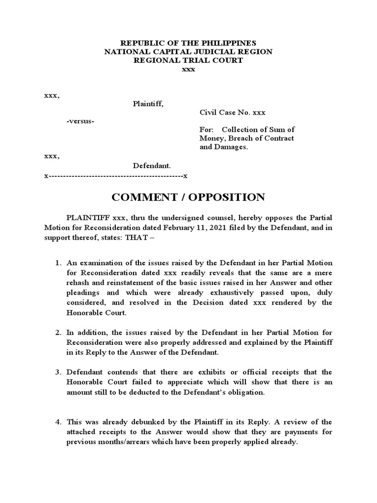 Sample Scribd Comment Opposition To MR | PDF | Lease | Lawsuit