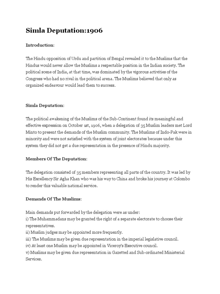 Shimla Deputation | PDF | All India Muslim League | British India