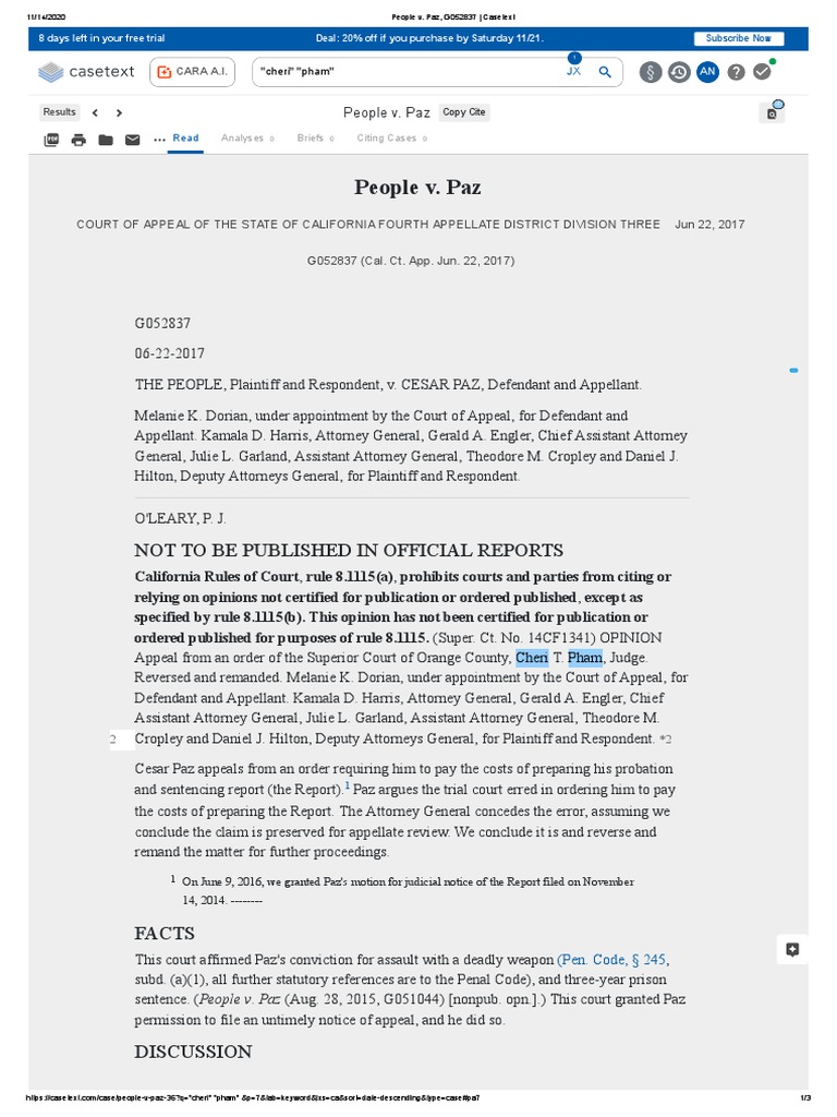 Cheri Pham Case People v. Paz, G052837 - Casetext | PDF | Supreme Court ...