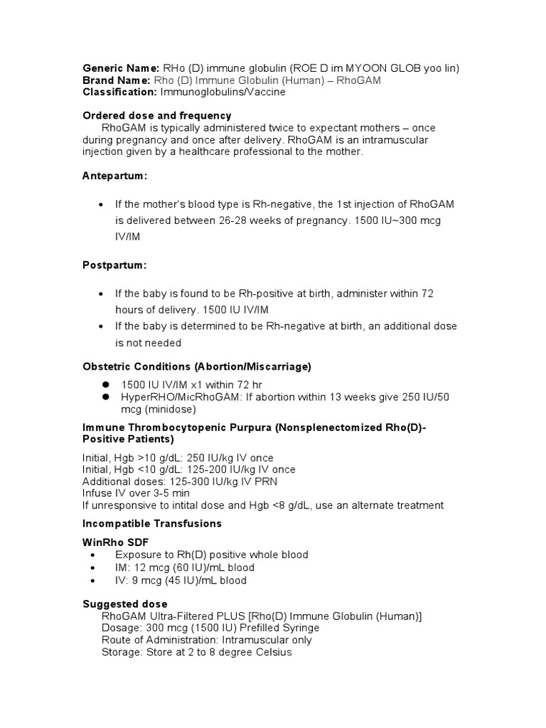Rho (D) Immune Globulin (Human) - Rhogam | PDF | Vaccines | Anemia