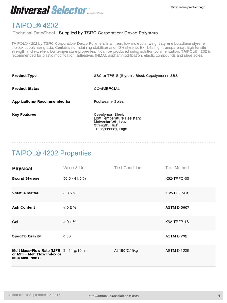 TAIPOL® 4202 - TSRC Corporation - Dexco Polymers | PDF | Copolymer ...