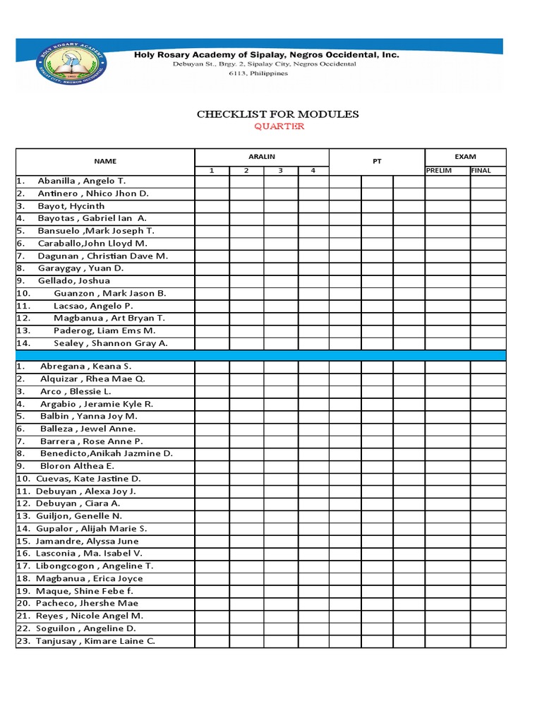 Checklist For Modules: Name Aralin PT Exam | PDF