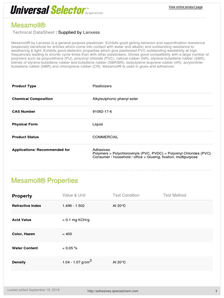 Mesamoll® - Lanxess | PDF | Polyvinyl Chloride | Natural Rubber