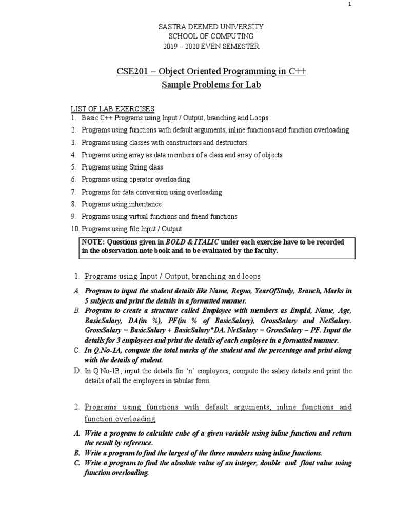 Lab Program C++ First Year SASTRA University | PDF | C++ | Subroutine