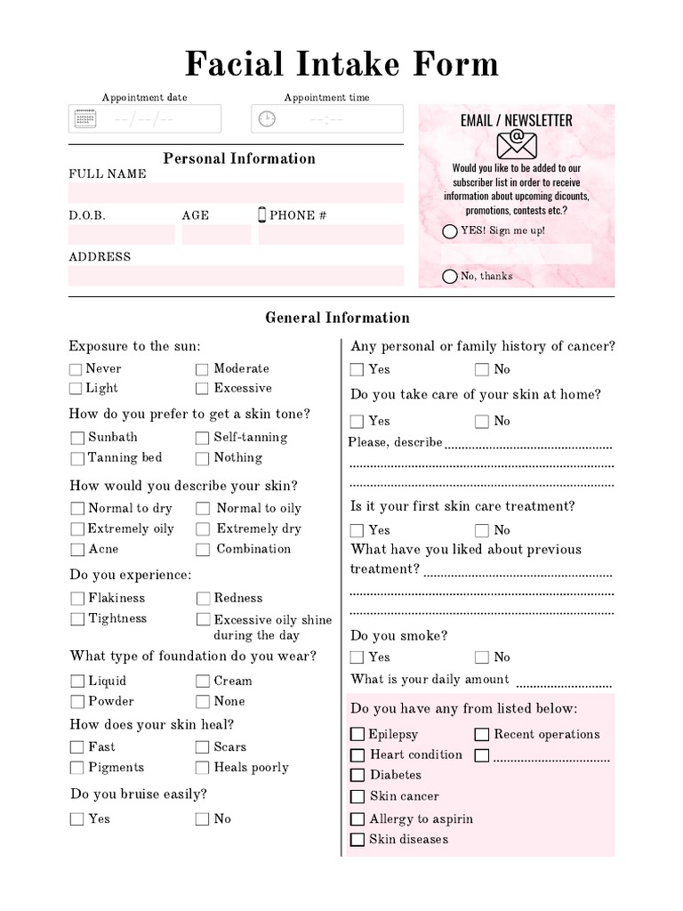 Facial Intake Form: Personal Information | PDF | Allergy | Health Care