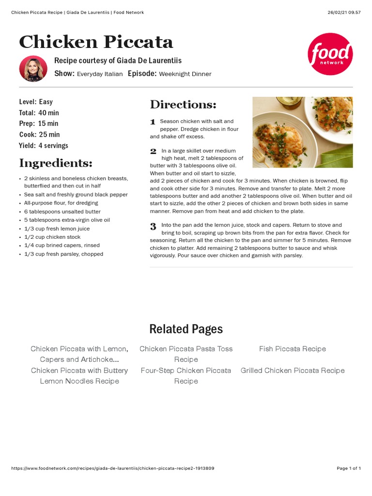 Chicken Piccata Recipe - Giada de Laurentiis - Food Network | PDF ...