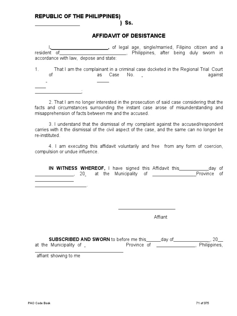 Republic of The Philippines) ) Ss. Affidavit of Desistance | PDF