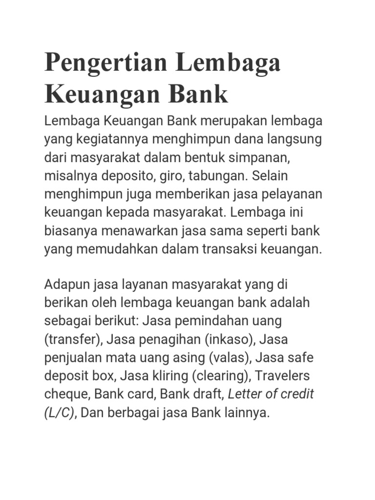 Jenis dan Fungsi Lembaga Keuangan Bank di Indonesia | PDF