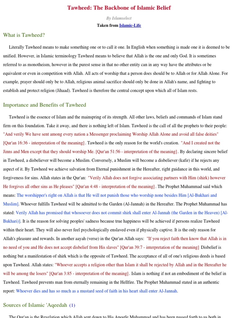Tawheed - The Backbone of Islamic Belief | PDF | Tawhid | Prophets And ...