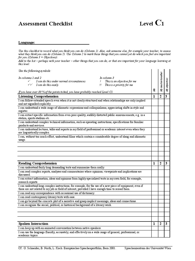 Assessment Checklist Level 1: Language | PDF | Reading Comprehension ...