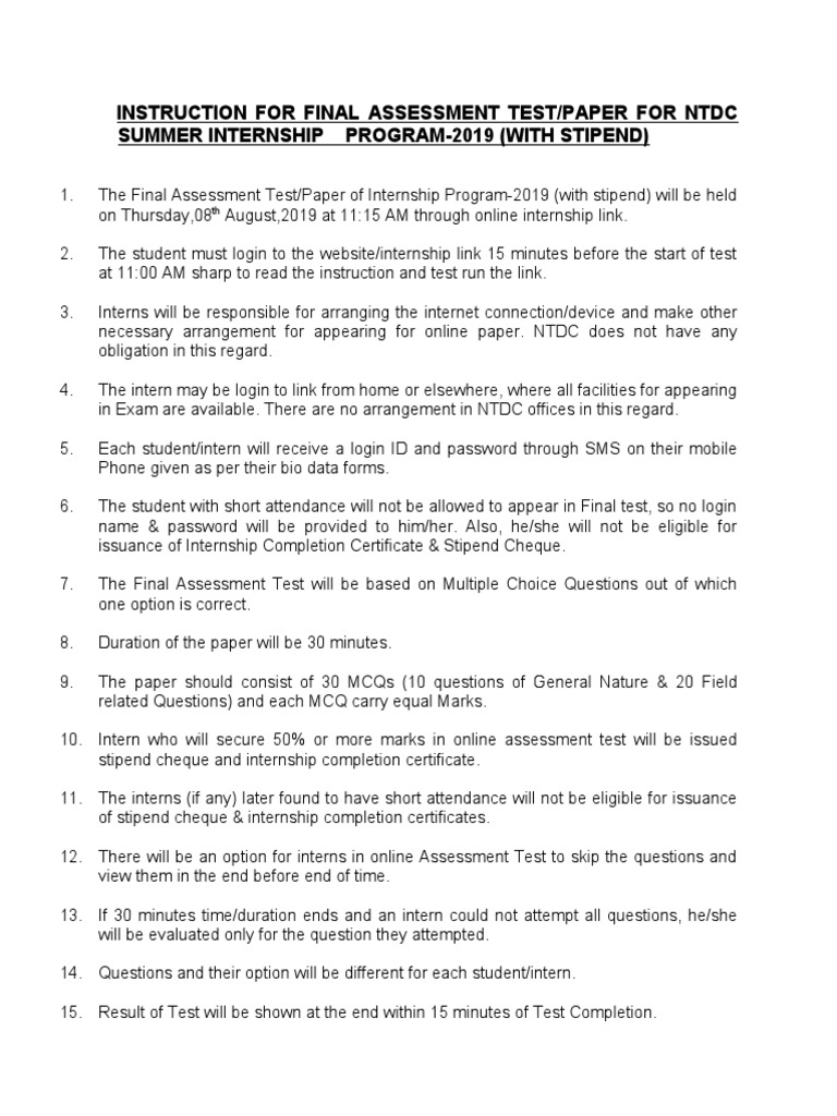 NTDC Internship Final Assessment Guide | PDF