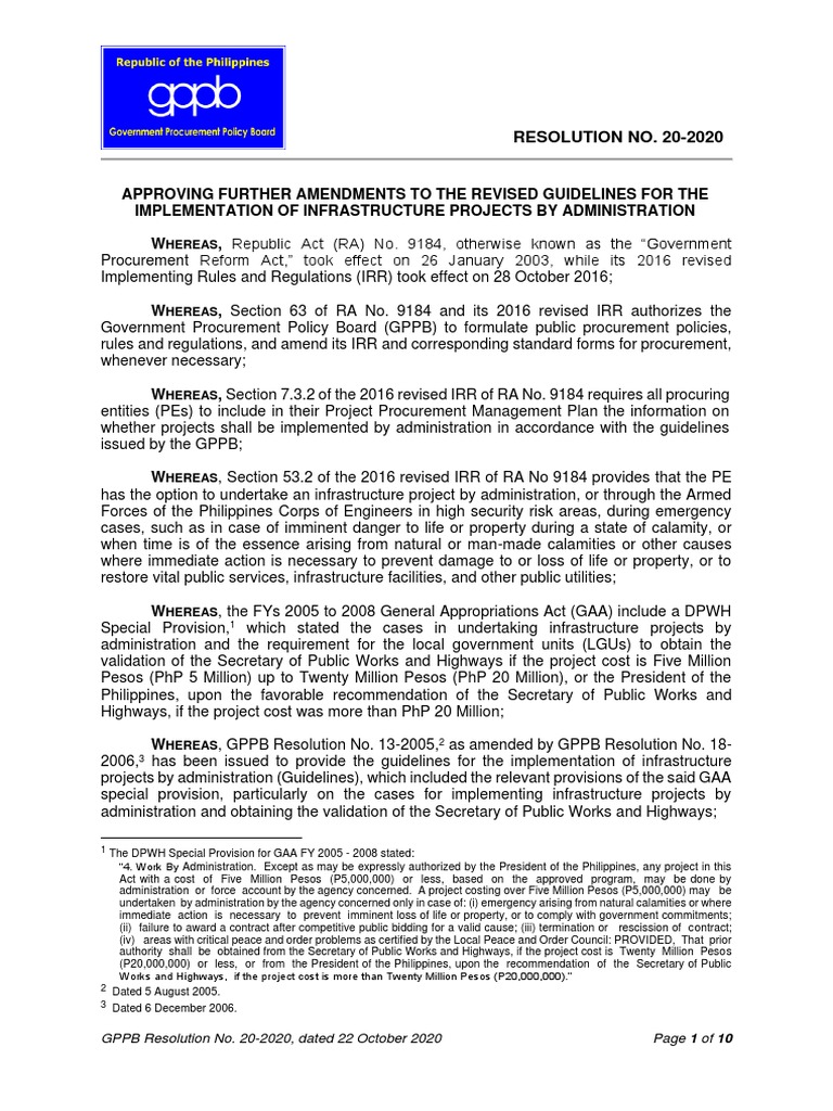 GPPB Resolution No. 20-2020 - Infrastructure Projects by Administration ...