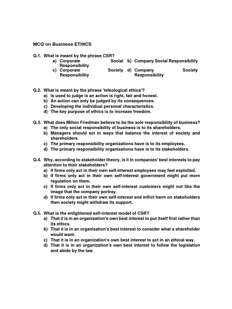 Ethics Multiple Choice Questions | PDF | Corporate Social ... Ethics Multiple Choice Questions | PDF | Corporate Social ...