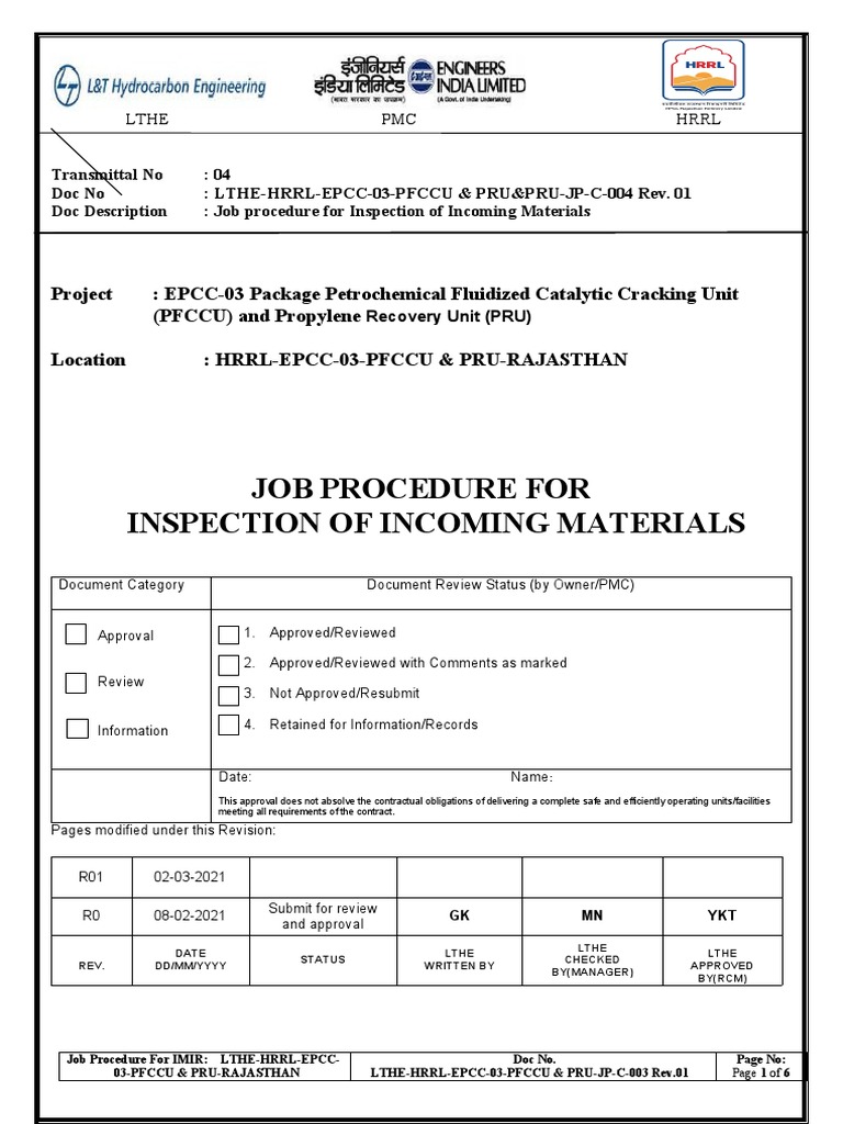 Job Procedure For Inspection of Incoming Materials HRRL | PDF ...