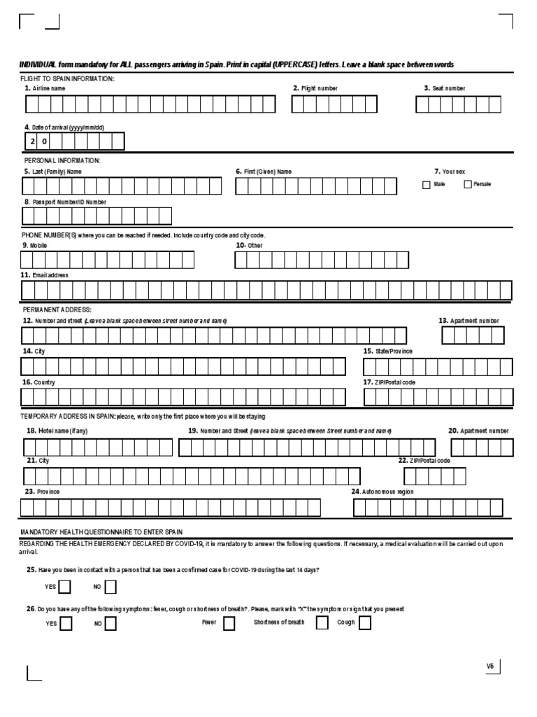 INDIVIDUAL Form Mandatory For ALL Passengers Arriving in Spain. Print ...