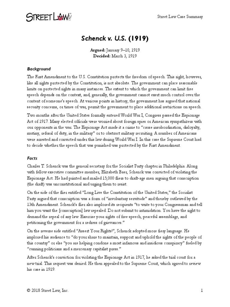 Schenck v. United States | PDF | First Amendment To The United States ...