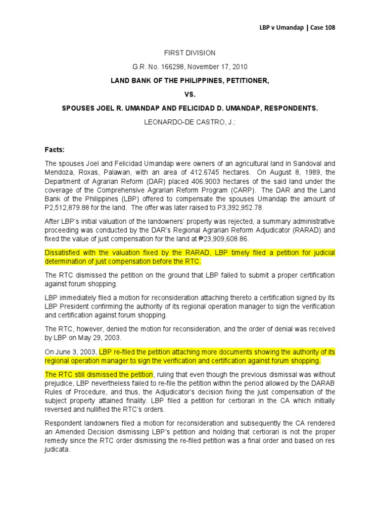 LBP V Umandap - Case 108 | PDF | Certiorari | Jurisdiction