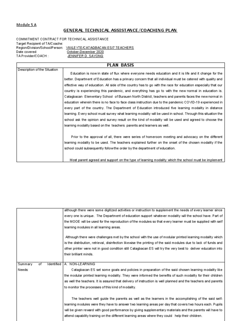 General Technical Assistance/Coaching Plan: Module 5 A | PDF | Learning ...