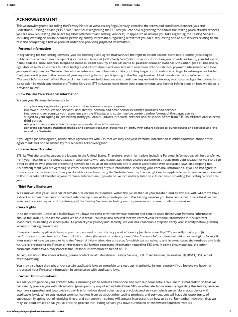 ETS - eREG (Create Profile) 1 | PDF | Websites | Privacy