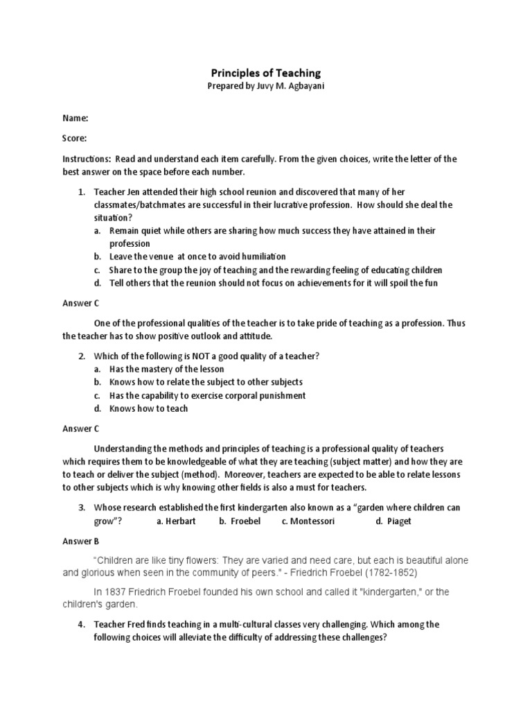 Principles of Teaching - Answer Key | PDF | Classroom Management | Teachers