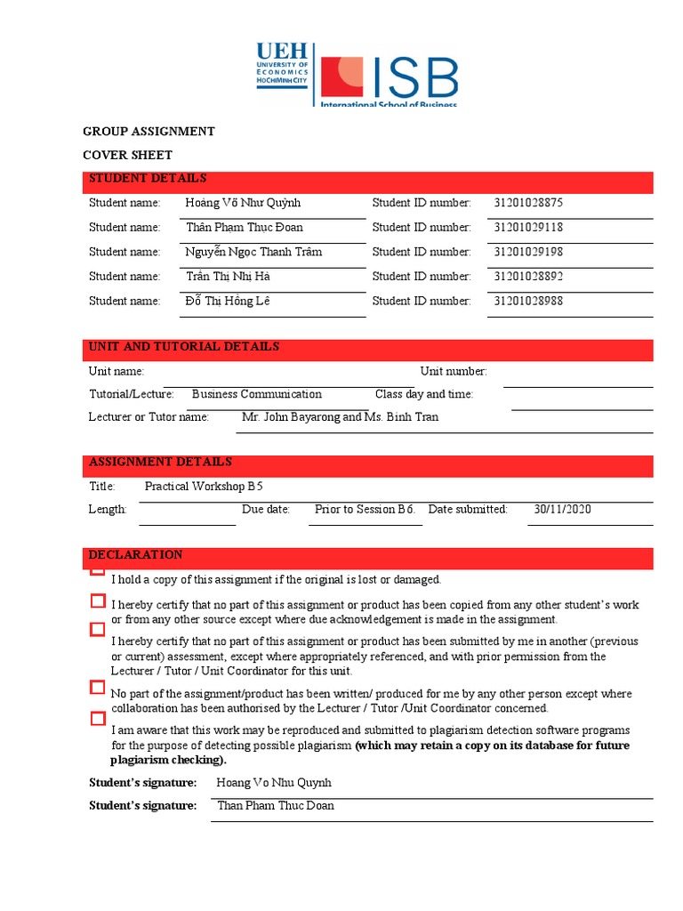 Group Assignment Cover Sheet Student Details Pdf Vietnam