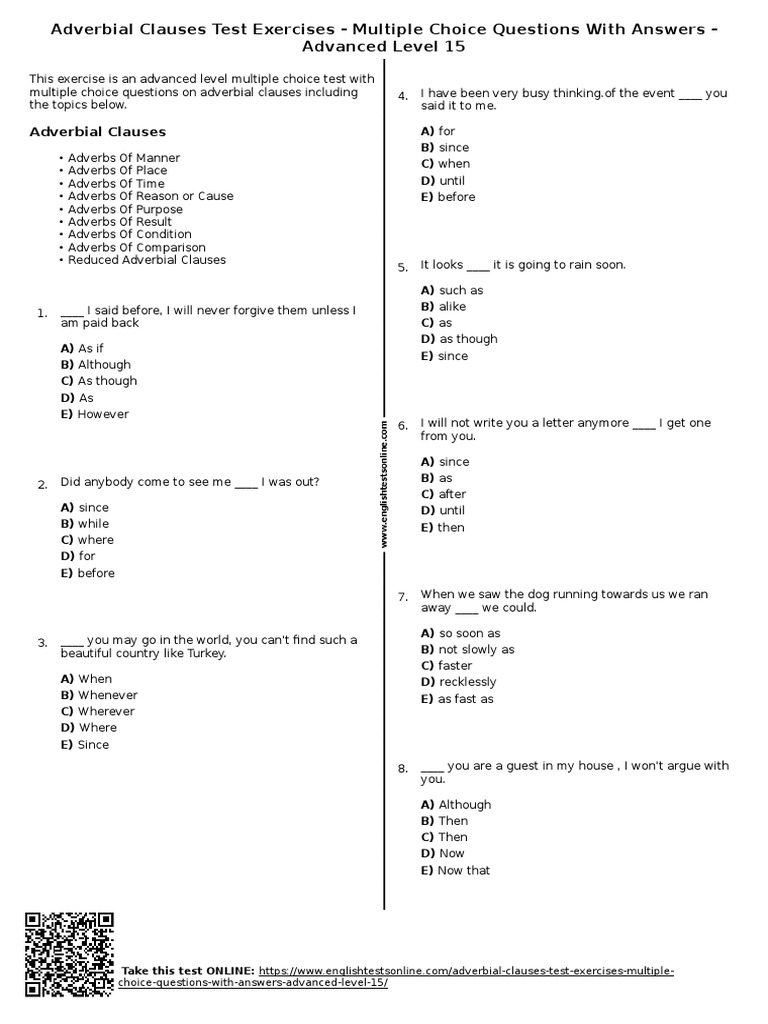 514 - Adverbial Clauses Test Exercises Multiple Choice Questions With ... 514 - Adverbial Clauses Test Exercises Multiple Choice Questions With ...