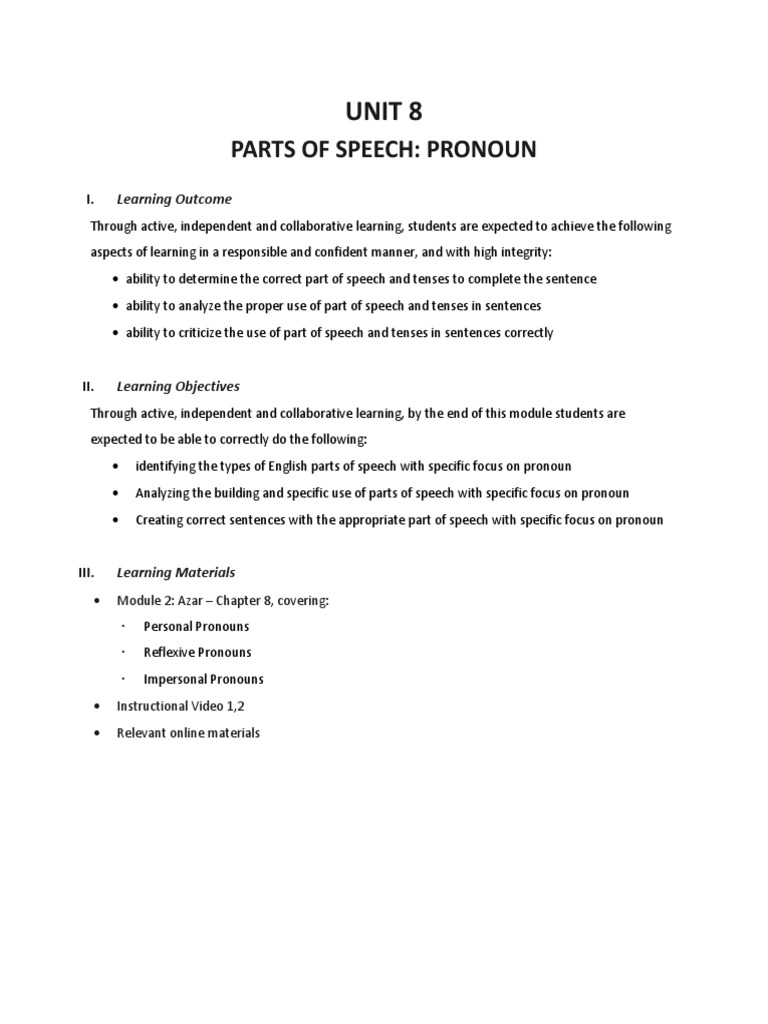 Unit 8: Parts of Speech: Pronoun | PDF | Part Of Speech | Pronoun