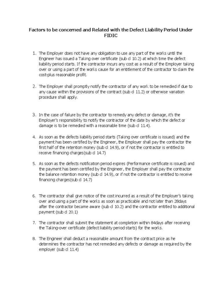 Defect Liability Period Related FIDIC Guidence | PDF | Civil Law (Legal ...